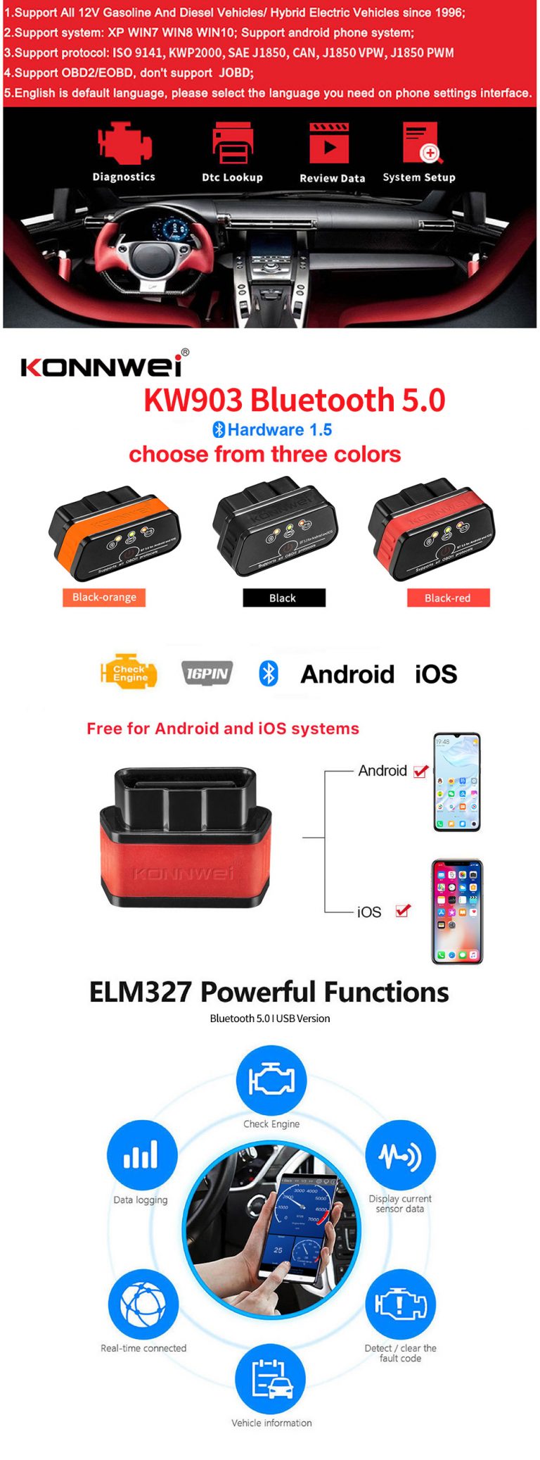 KW 903 Bluetooth OBDII scanner V4 - V5. Supports Android and IOS - CARTUNES