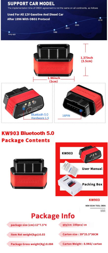 KW 903 Bluetooth OBDII scanner V4 - V5. Supports Android and IOS - CARTUNES